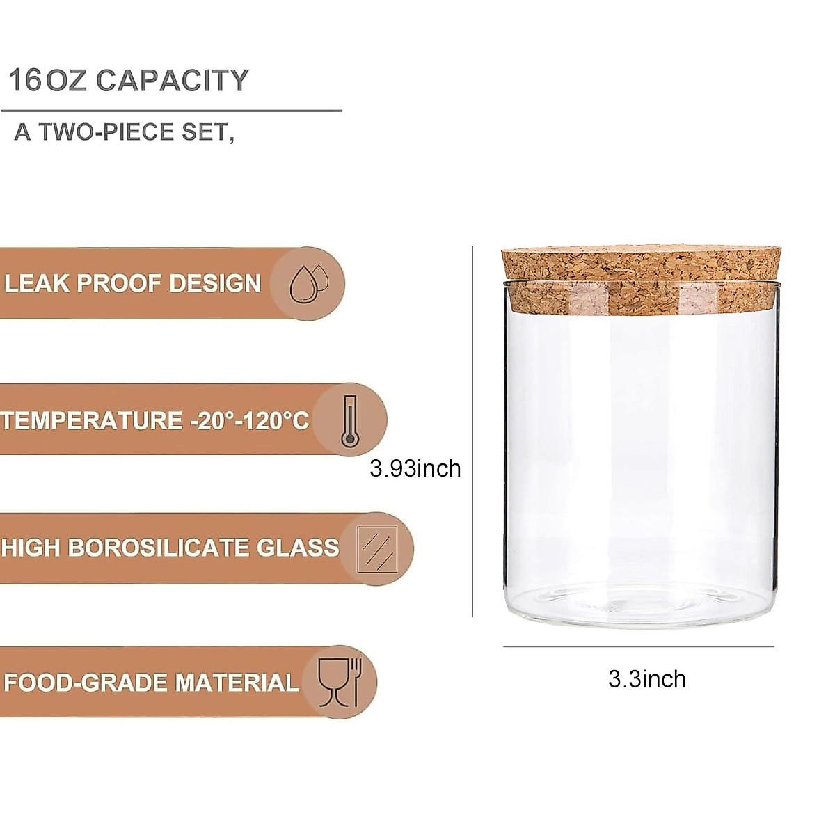 DNIENKGE Airtight Glass Storage Containers with cork Lid, for Kitchen Pantry Organization and Storage jar，Ideal for Coffee Beans Snacks Flour Cereal Sugar Tea 16oz. (Circular 3.9 * 3.3in*2pcs)