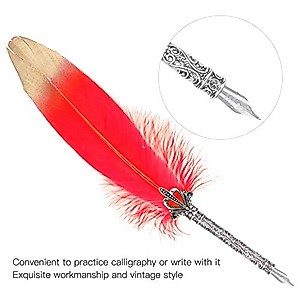 GLOGLOW Feather Pen Set, Vintage Calligraphy Writing Pen Kit with 5pcs Replacement Nib, Seal, Empty Ink Bottle for Office Stationery(Red)