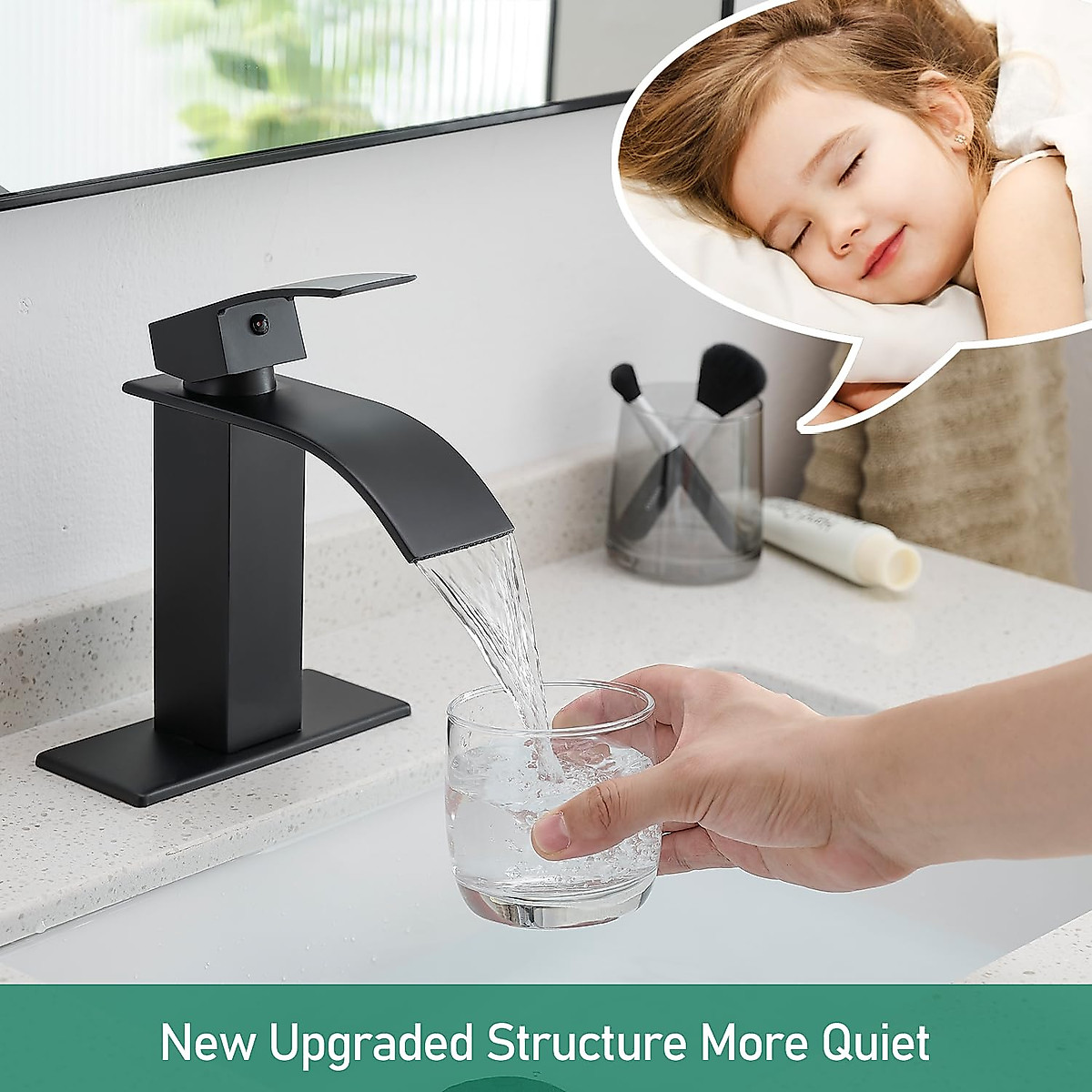 VOTON Black Bathroom Faucets Modern Waterfall Bathroom Sink Faucet Matte Black Single Handle Bathroom Faucet for 1 or 3 Holes with Deck Plate and Pop-Up Drain, Rv Sink Camper Farmhouse Bathroom Faucet