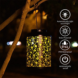 CASLONEE Outdoor Solar Lanterns Hanging Garden Lights Porch Decoration Warm White Lantern Hollow Out LED Lights Solar Powered Tabletop Lamp (1 Pack)