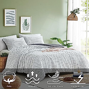 WRENSONGE Duvet Cover Queen, White Boho Duvet Cover Set with Zipper Closure, 3 Pieces Soft Washed Striped Tufted Bedding Duvet Covers for All Season (90"x90")