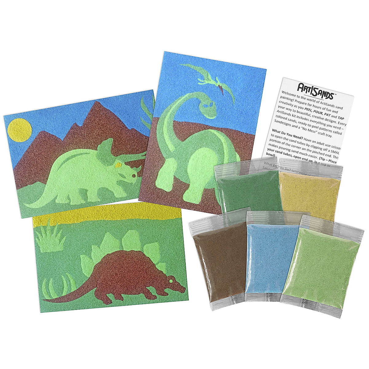 Activa ArtiSands Dinosaurs Sand Art Board Craft Kit, 3 Designs & 5 Sand Colors | No Scissors, No Glue, No Mess!