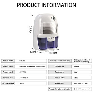 COYCYQI Small Dehumidifier,12V3A adapter，1200 Cubic Feet (215 sq ft) Portable Mini Dehumidifier Quiet Use for High Humidity in Home, Bathroom, Bedroom, Office, Basements, Wardrobe Closet,RV