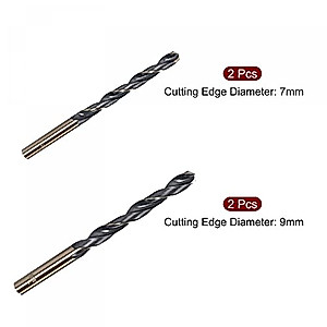 uxcell Drill Bits Set 7mm 9mm, Titanium Nitride Coated High Speed Steel 4341 Straight Round Shank Drilling Cutter for Stainless Steel Alloy Copper, 4pcs