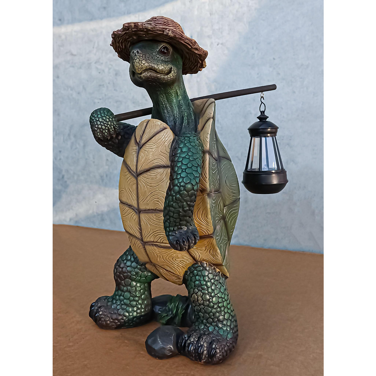 Ebros Gift Nautical Nature Lover Adventure Hiking Tortoise with Straw Hat Statue Carrying Solar Powered Lantern LED Light On A Pole Turtle Garden Yard Pool Patio Deck Home Decorative Accent