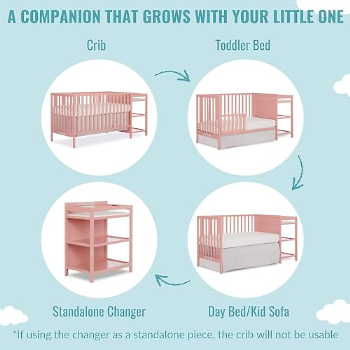 Dream On Me Synergy Convertible Crib and Changer in Dusty Pink with Detachable Changing Table, JPMA Certified, 1” Changing pad