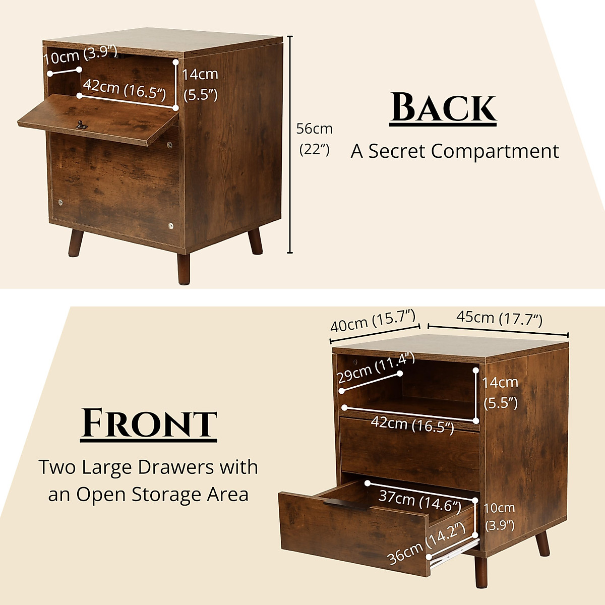 Nightstand with Hidden Compartment | Mid Century Modern Nightstand with Concealed Storage | Vintage Bedside Table | Perfect for Storing Small Valuables (1, Brown, Large)