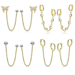 THUNARAZ 4 Pairs Trendy Chain Earrings for Women 14K Gold Plated Double Piercing Butterfly Dangle Hoop Earrings Sparkled CZ Chain Hoop Cartilage Studs Earrings Set
