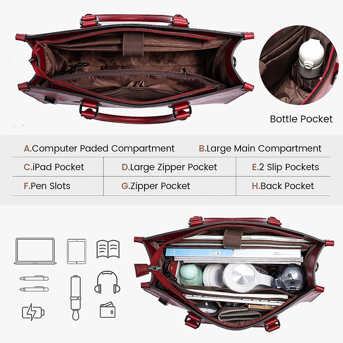 LOVEVOOK Vintage Leather Laptop Tote, 15.6 Inch Work Bag for Women, Large Capacity Business Handbag with 2PCs