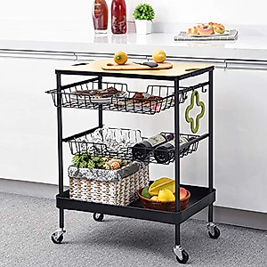 TOOLF Kitchen Island Serving Cart with Utility Wood Tabletop, 4-Tier Rolling Storage Cart with 2 Basket Drawers, Universal Lockable Casters for Home, Dining Room, Office, Restaurant, Hotel