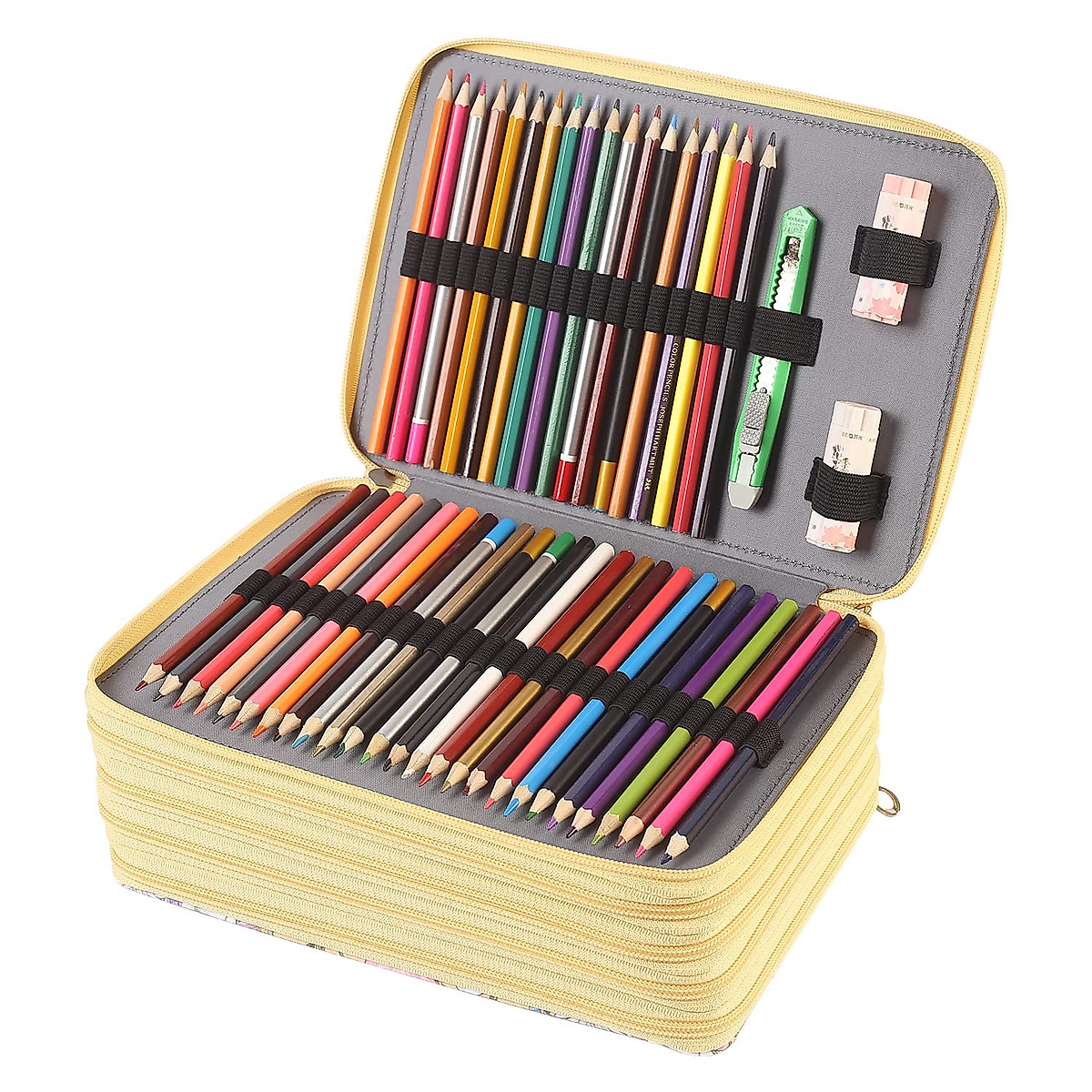 Shulaner 250 Slots Colored Pencil Case Organizer with Zipper Large Capacity Pen Holder Bag for Artist Yellow Flower