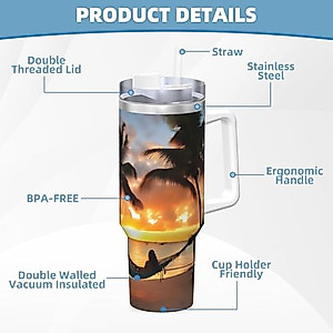 HULIBIN Coconut Beach Sunset Hammock Print Double Deck Stainless Steel Travel Coffee Cup With Lid 40 Oz Ice Bully Cup