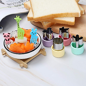 Vegetable Cutters Shapes Set, 16pcs Mini Cookie Cutters, Vegetable Cutter and Fruit Stamps Mold + 20pcs Cute Cartoon Animals Food Picks and Forks -for Kids Baking and Food Supplement Accessories