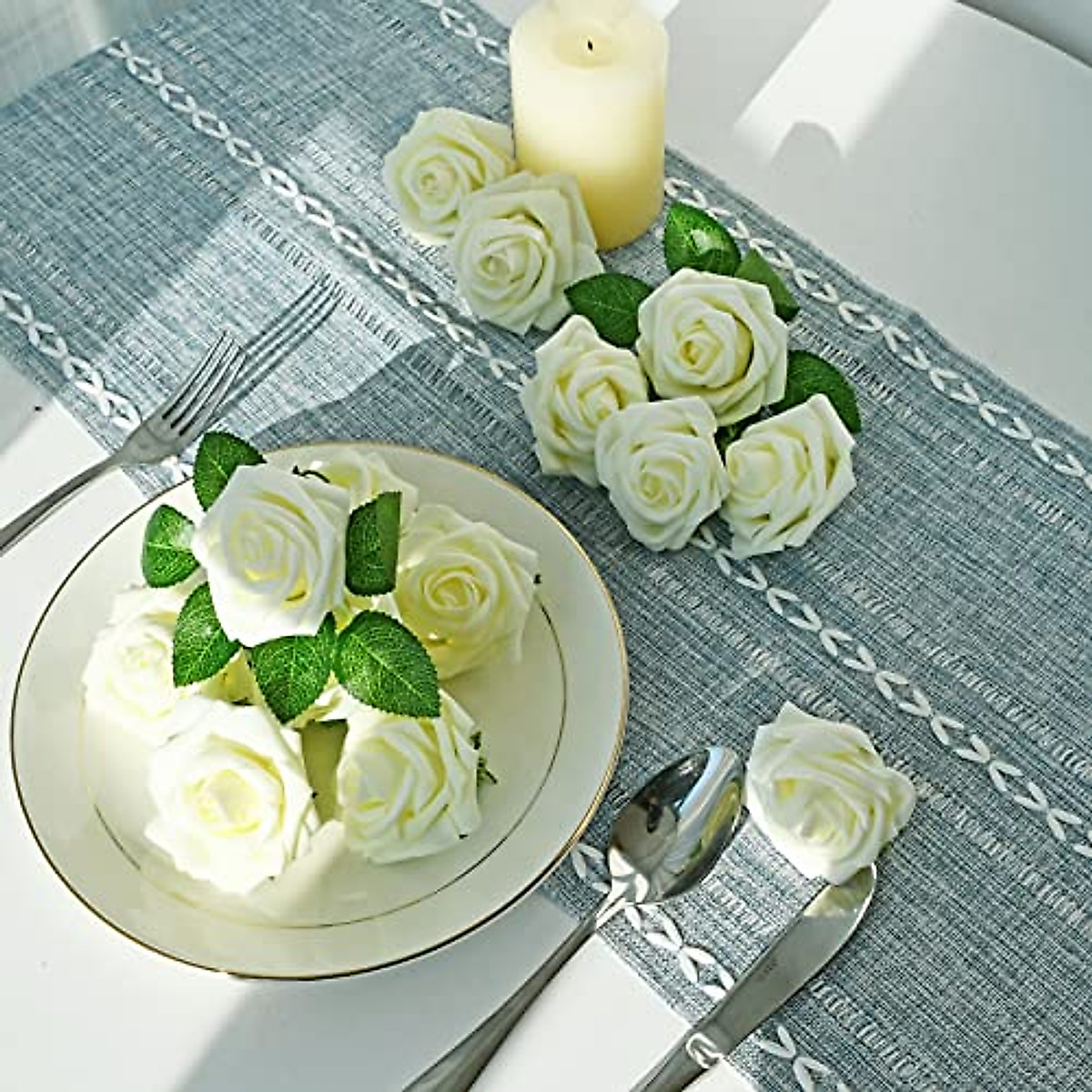 Mandy's 25pcs Ivory Artificial Rose Foam Flowers with Stem for Mother's Day DIY Wedding Bouquets Bridal Shower Centerpieces Party Home Decor