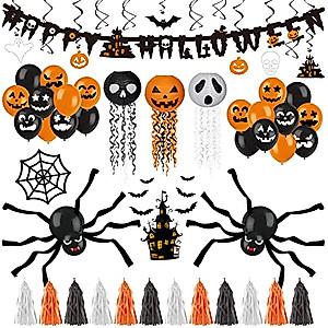 DECORLIFE Halloween Party Decorations, Halloween Decorations Indoor Including Happy Halloween Banner, Wire Lanterns, Hanging Swirls, Castle and Bats Centerpiece, Spiders and Web, Balloons