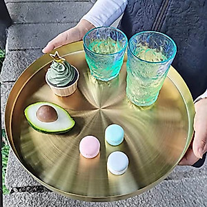 14 Inch Gold Round Metal Decorative Tray, Mirror Finish Golden Serving Tray Platter with 1” Wall, Brass Circle Table Tray Gorgeous Bar Tray Accents Dresser Perfume Bottle Tray for Display Exxacttorch