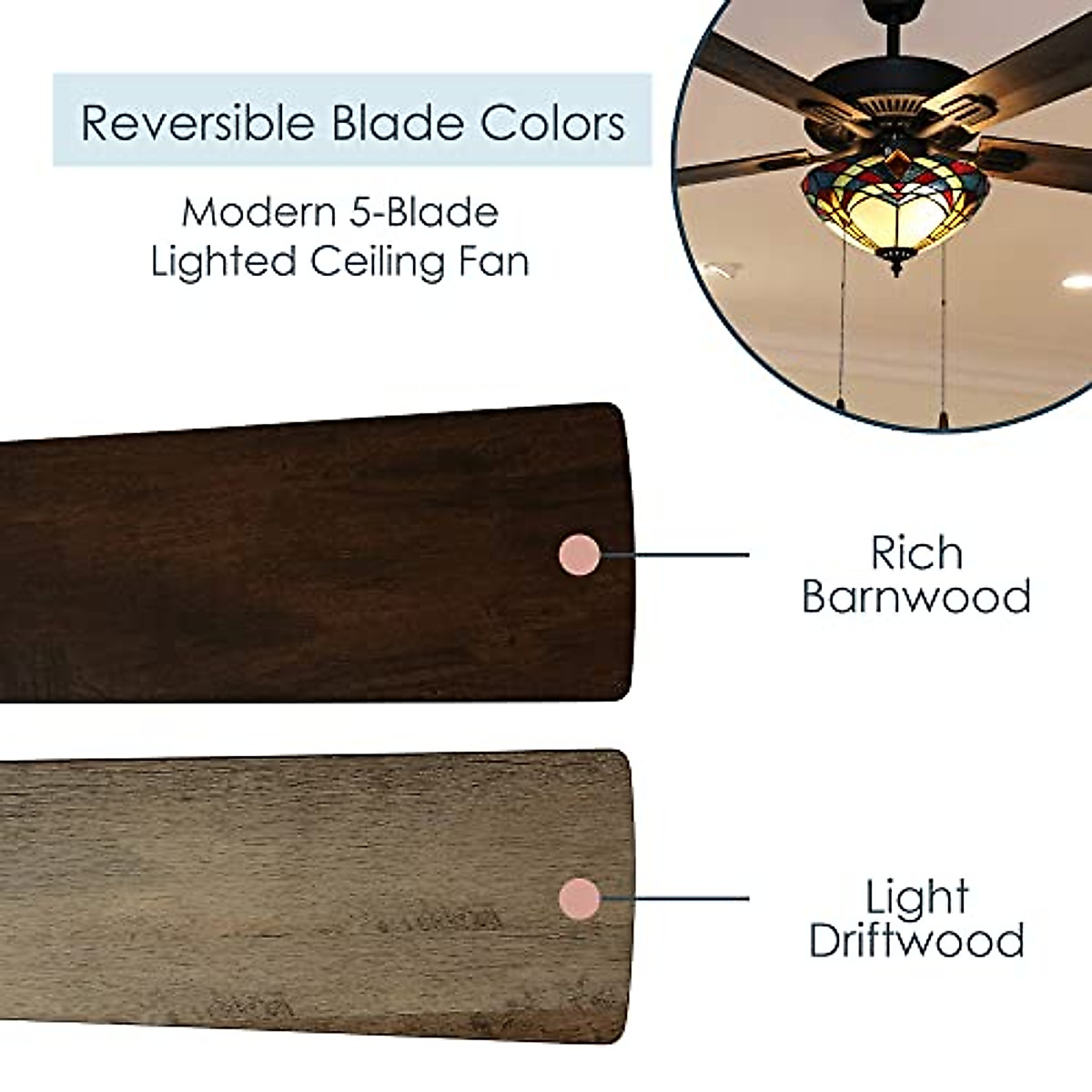 RIVER OF GOODS Tiffany-Style Stained Glass Ceiling Fan - 52" L x 52" W - Distressed Light and Dark Brown Fan Blades