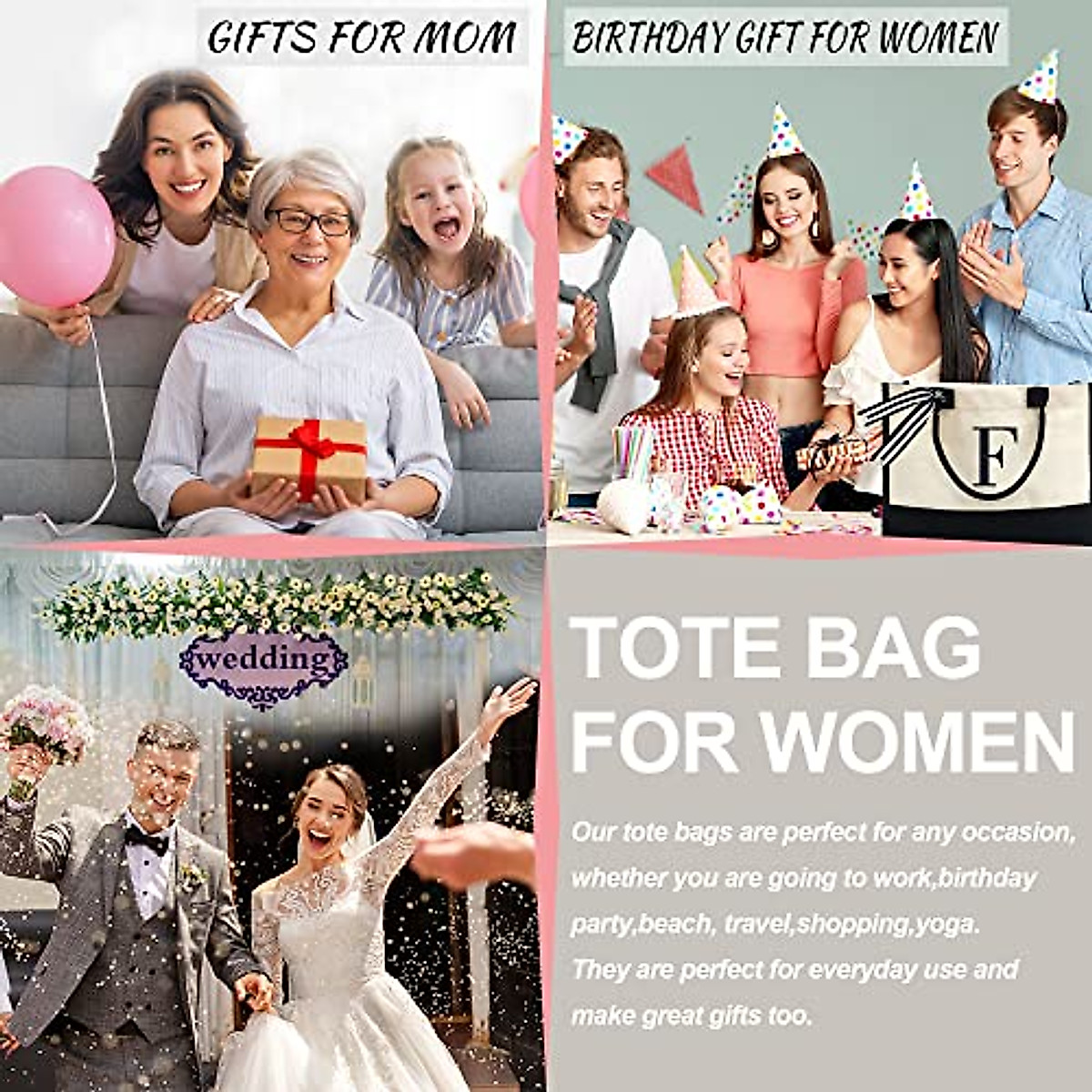 BeeGreen Initial Tote Bags For Women 13oz Canvas Tote Bag with Zipper and Shoulder Strap Embroidery Beach Bag Teacher Tote Bag with Side Pockets Monogrammed Personalized Tote Bags For Mom Mother Her