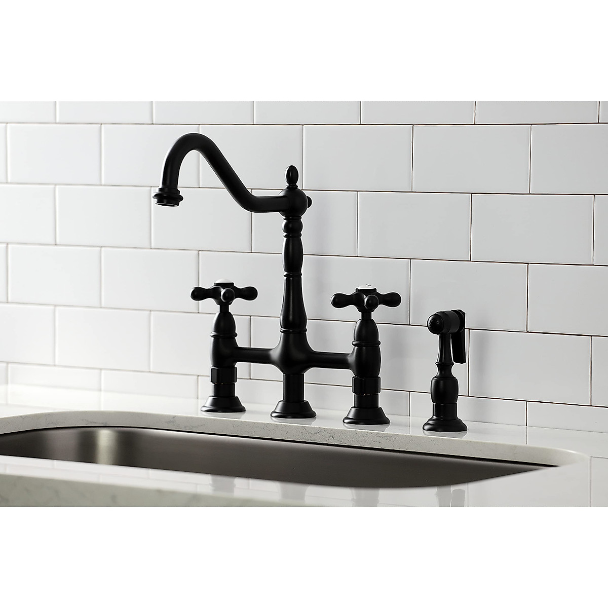 Kingston Brass KS1270AXBS Heritage Bridge Kitchen Faucet, 8-9/16" in Spout Reach, Matte Black