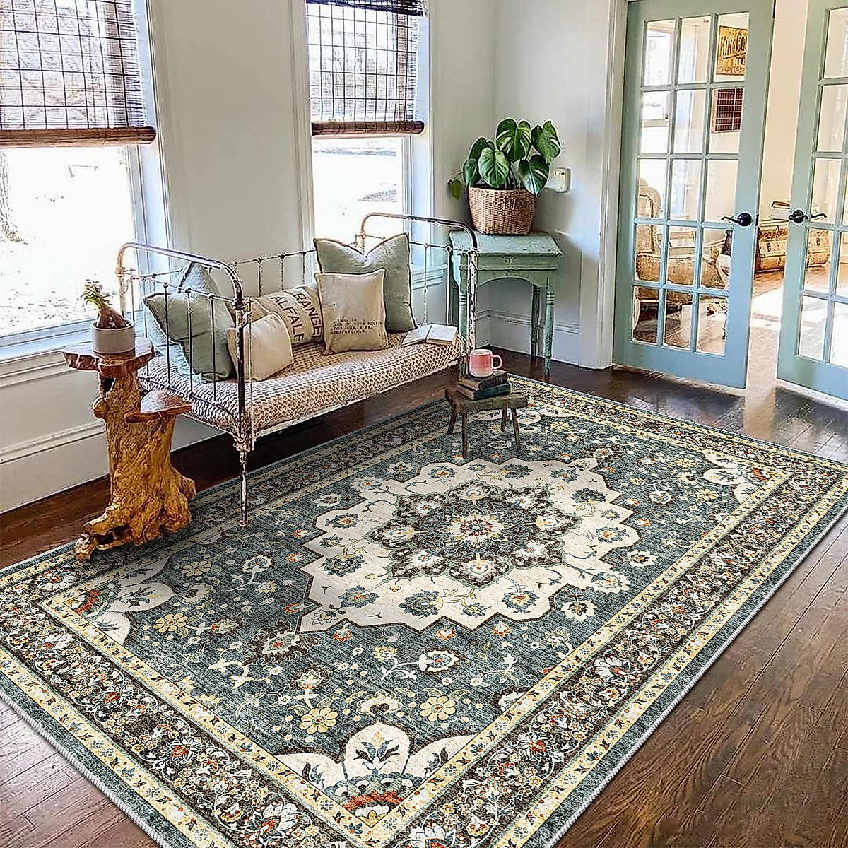 TOPRUUG Washable Oriental Area Rug - 5x8 Rugs for Living Room Soft Carpet for Bedroom Waterproof Floral Distressed Indoor Stain Resistant Non-Shedding Floor Carpets (Blue, 5x8)