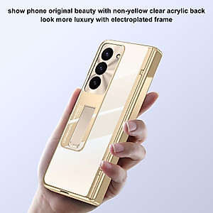 Libeagle Compatible with Samsung Galaxy Z Fold 5 Case, Non-Yellow Clear Back, Electroplated Frame, Full Hinge Protection, Screen Protector, Magnetic Stand, Thin and Slim Phone Cover 5G 2023, Gold