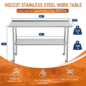 HOCCOT Stainless Steel Prep & Work Table with Adjustable Shelf, with Backsplash and Wheels, Kitchen Island, Commercial Workstations, Utility Table in Kitchen Garage Laundry Room Outdoor BBQ, 24" X 60"