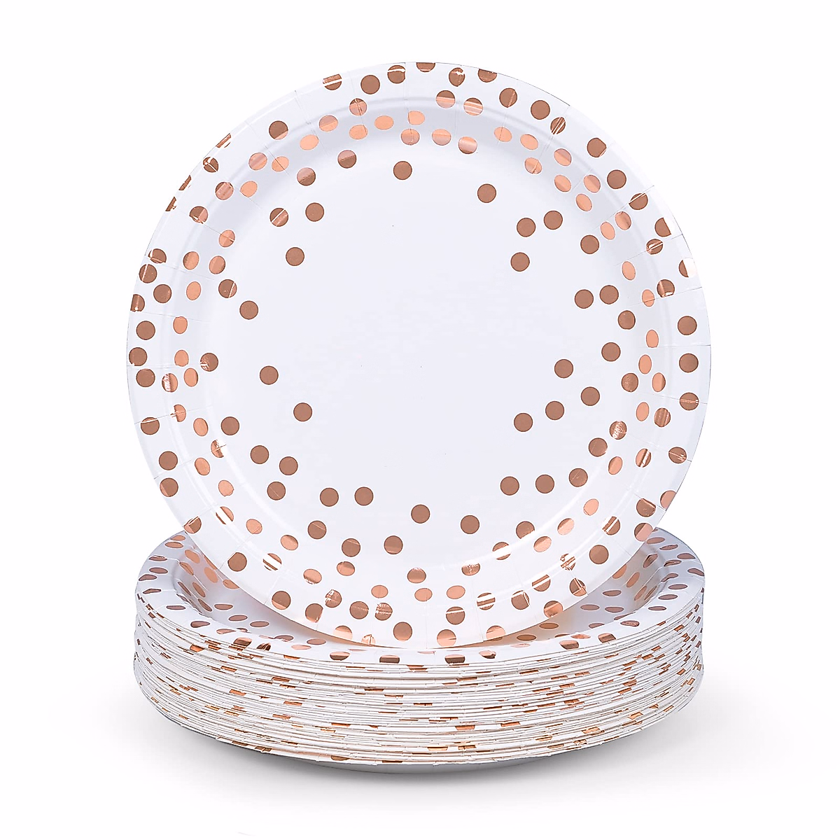 MATICAN Party Paper Plates, 50-Pack Disposable White and Rose Gold Plates, Foil Polka Dots, 9-Inch