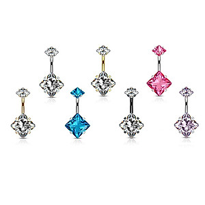 Pierced Owl 14GA Stainless Steel Internally Threaded Double Square CZ Crystal Prong Set Belly Button Ring (Silver Tone/Clear)