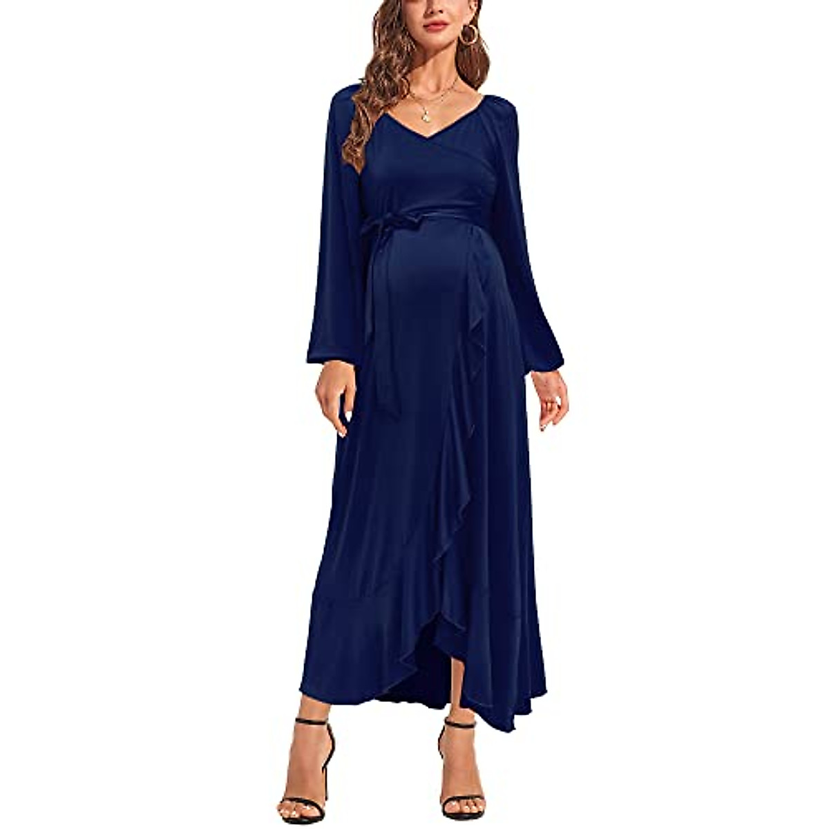 OUGES Womens Wrap Maxi Nursing Maternity Dresses for Photoshoot Baby Shower(Navy,L)