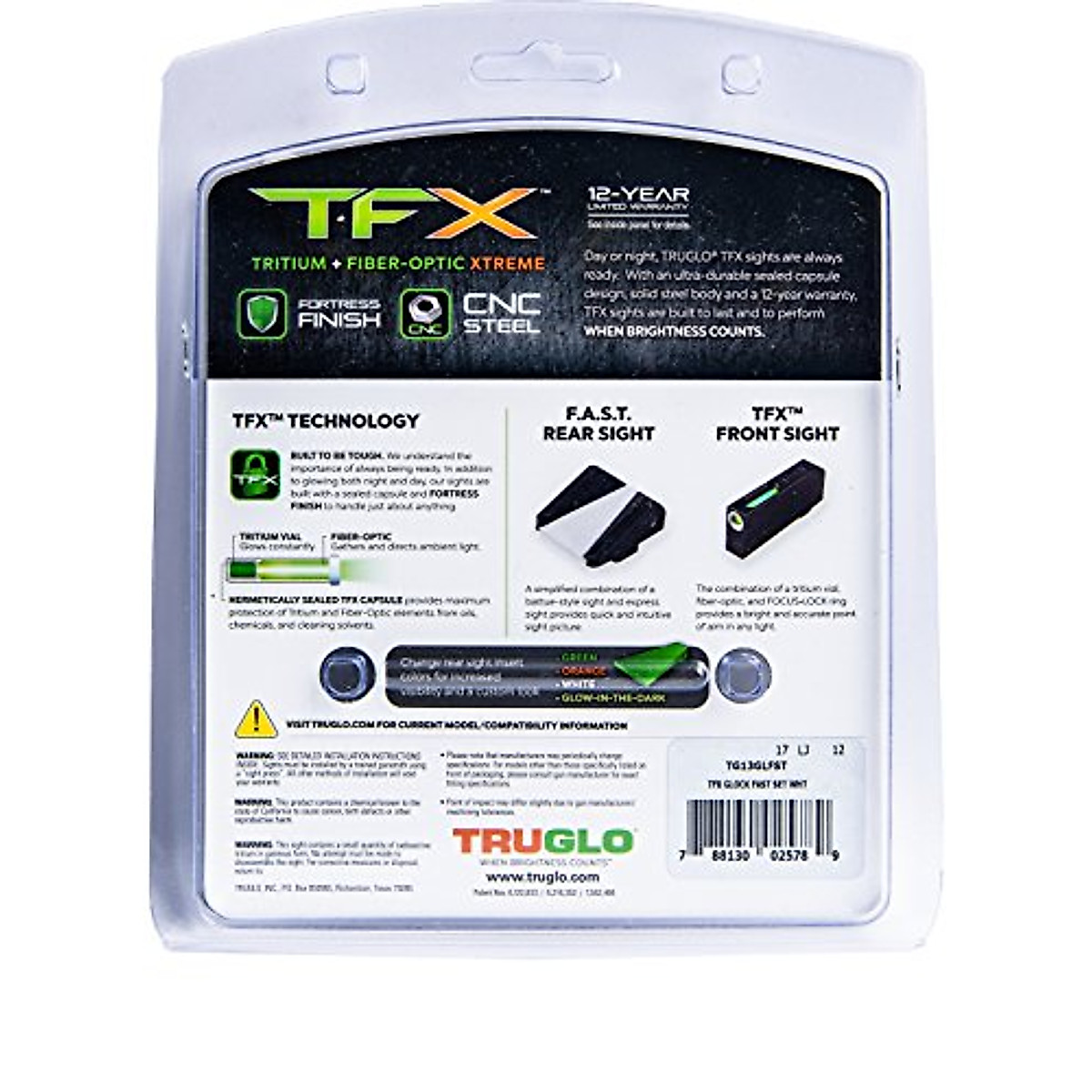 TRUGLO TFX Tritium & Fiber-Optic Xtreme Front & F.A.S.T. Rear Handgun Sight Set | Durable Shock-Resistant Compact Glowing Day & Night Tactical Sights, Compatible with Glock Handguns