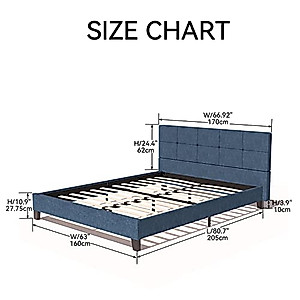 JURMALYN Queen Bed Frame with Headboard/Upholstered Queen Size Metal Platform and Wooden Slat Support, No Box Spring Needed, Easy Assembly Blue