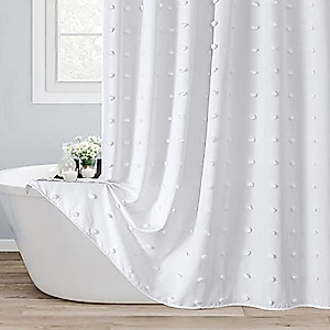 MitoVilla White Boho Fabric Shower Curtain, Modern Farmhouse Shower Curtain with Cute Simple Tufted Pleat Floral for Rustic Vintage Bathroom Decor, Soft & Wrinkle Resistant, 72 x 72