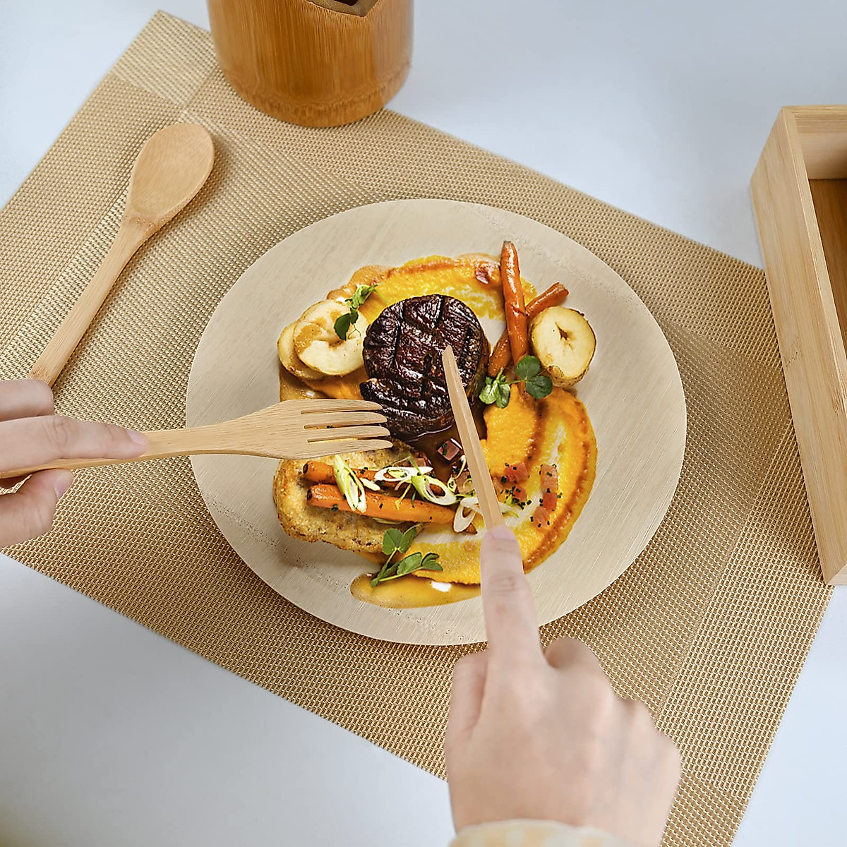 Bamboo Cutlery Reusable with Silverware Organizer, 16Pcs Bamboo Flatware Set with Bamboo Forks Spoons Knives, Reusable Bamboo Cutlery with Portable Storage Case for Home and Travel Camping Hiking