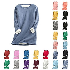 SEAOPEN Winter Fleece Tops for Women Plus Size Solid Color Warm Pullover Casual Long Sleeve Crewneck Thermal Shirts