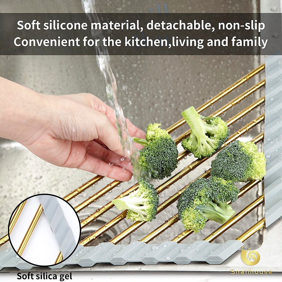 Snailhouse Roll Up Dish Drying Rack, Stainless Steel Dish Drainer Over The Sink with Anti-Slip Silicone for Kitchen Counter, Gold