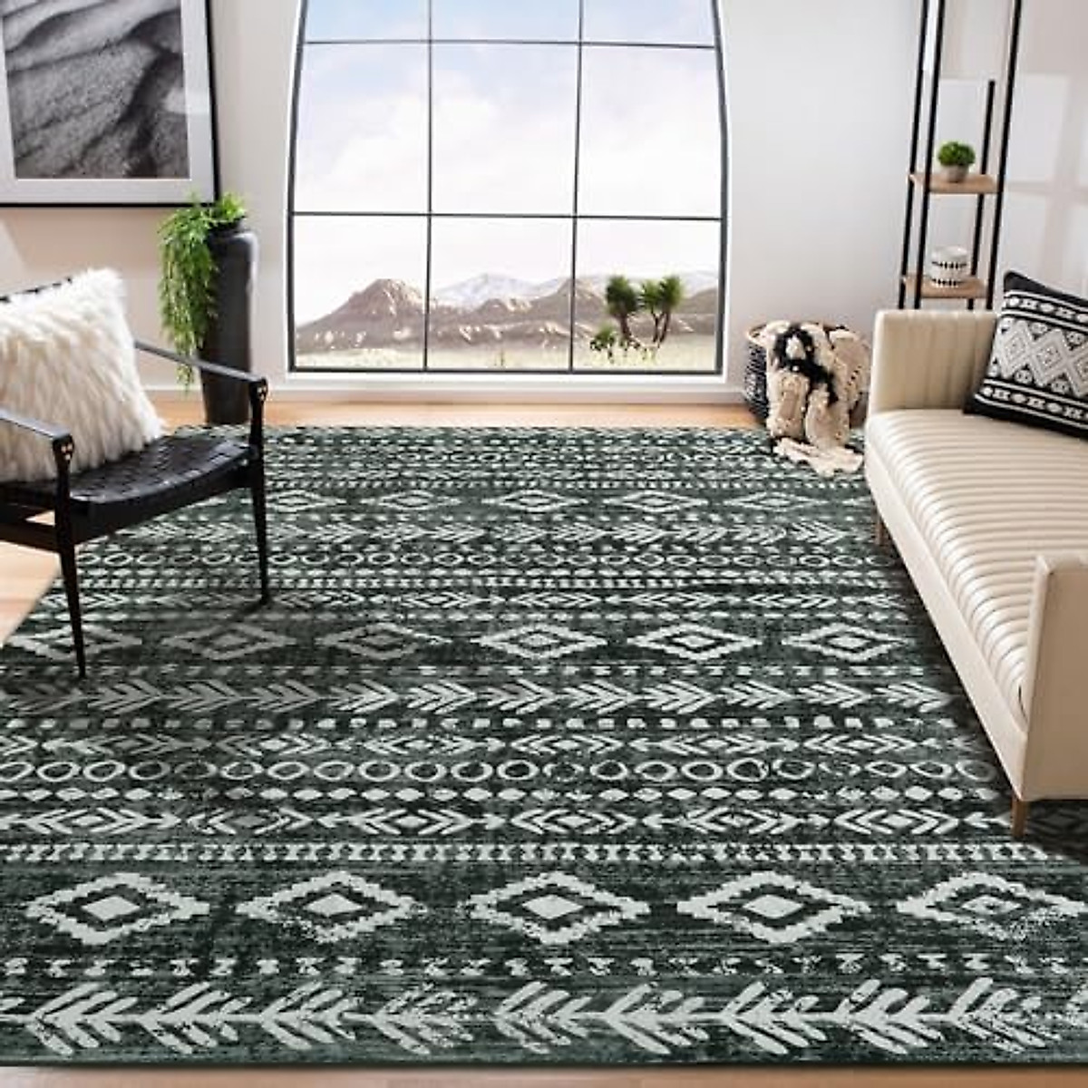 Lahome Boho Moroccan 8x10 Area Rugs, Ultra-Thin Soft Black White Rugs for Living Room Washable, Non-Shed Tribal Print Large Indoor Carpet Stain Resistance for Bedroom Playroom Nursery