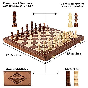 AMEROUS 15 Inches Magnetic Wooden Chess & Checkers Set (2 in 1) - Folding Board -Gift Box Packed -24 Cherkers Pieces -2 Extra Queens - Chessmen Storage Slots, Beginner Chess Set for Kids and Adults