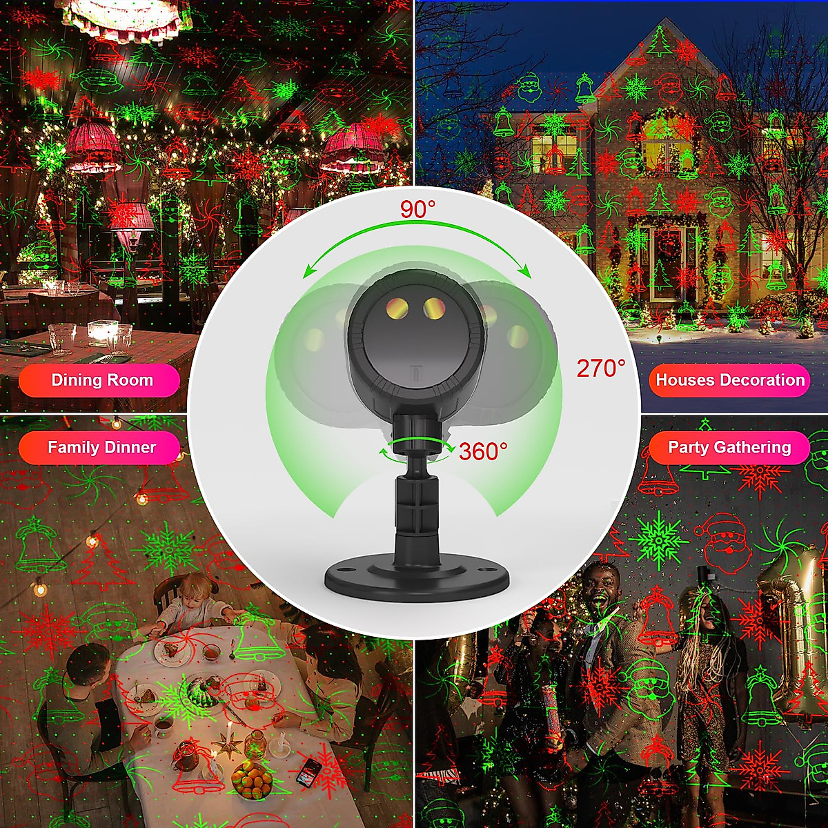 Christmas Projector Light, Red & Green Christmas Patterns Projection Light with RF Control, IP65 Waterproof Holiday Decoration Projector Lights for Halloween, Xmas, Home, Garden, New Year