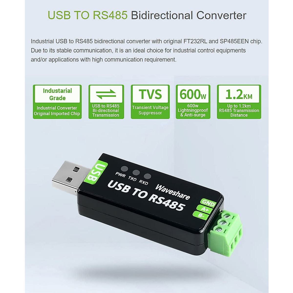 2PCS Waveshare Industrial USB to RS485 Converter with Original FT232RL and SP485EEN Embedded Protection Circuits for Industrial Control Equipments and/or Applications