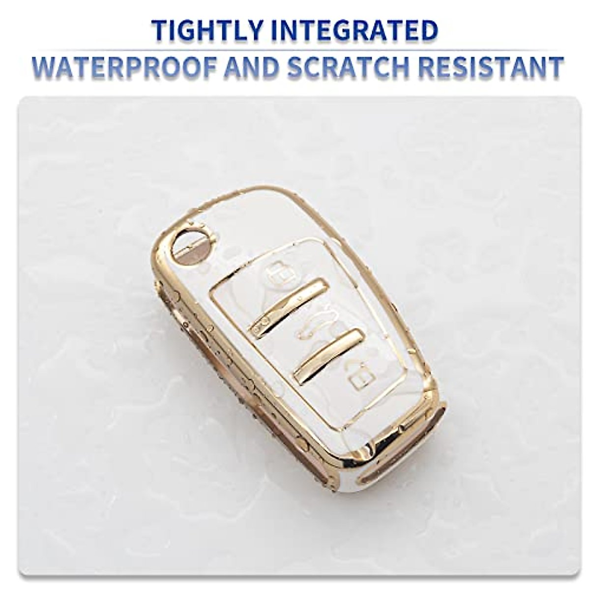 SK CUSTOM White TPU Gold Edge Smart Key Fob Case Protective Cover Compatible with Audi A1 A3 A4 A5 A6 A8 Q3 Q5 Q7 R8 RS4 S3 S4 S5 S6 S8 TT 3 Button Keyless Car Remote Accessory