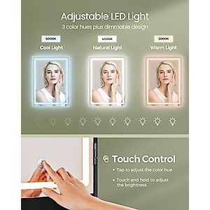 VASAGLE Vanity Desk with Power Outlets, Makeup Vanity with Mirror and Lights, Upholstered Vanity Stool, Dimmable LED Lights, 6 Compartments, 2 Drawers, for Bedroom, Ink Black URDT031B01