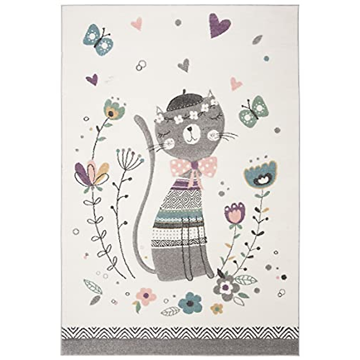 SAFAVIEH Carousel Kids Collection Accent Rug - 4' x 6', Ivory & Pink, Cat Design, Non-Shedding & Easy Care, Ideal for High Traffic Areas for Boys & Girls in Playroom, Nursery, Bedroom (CRK187A)