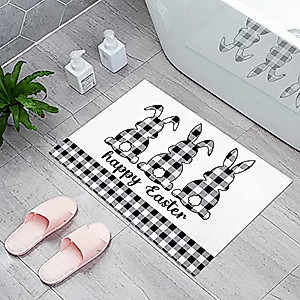 Indoor Doormat Absorbent Bath Rugs Entrance Non Slip Front Door Mat Black White Easter Bunny Rabbit Kitchen Carpets Spring Animal Floor Mats for Bathroom Bedroom Living Room Decor 16x24In