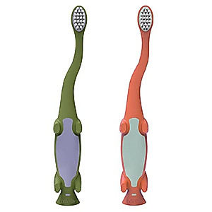 Dr. Brown's Baby and Toddler Toothbrush, Green and Orange Dinosaur 2-Pack, 1-4 Years