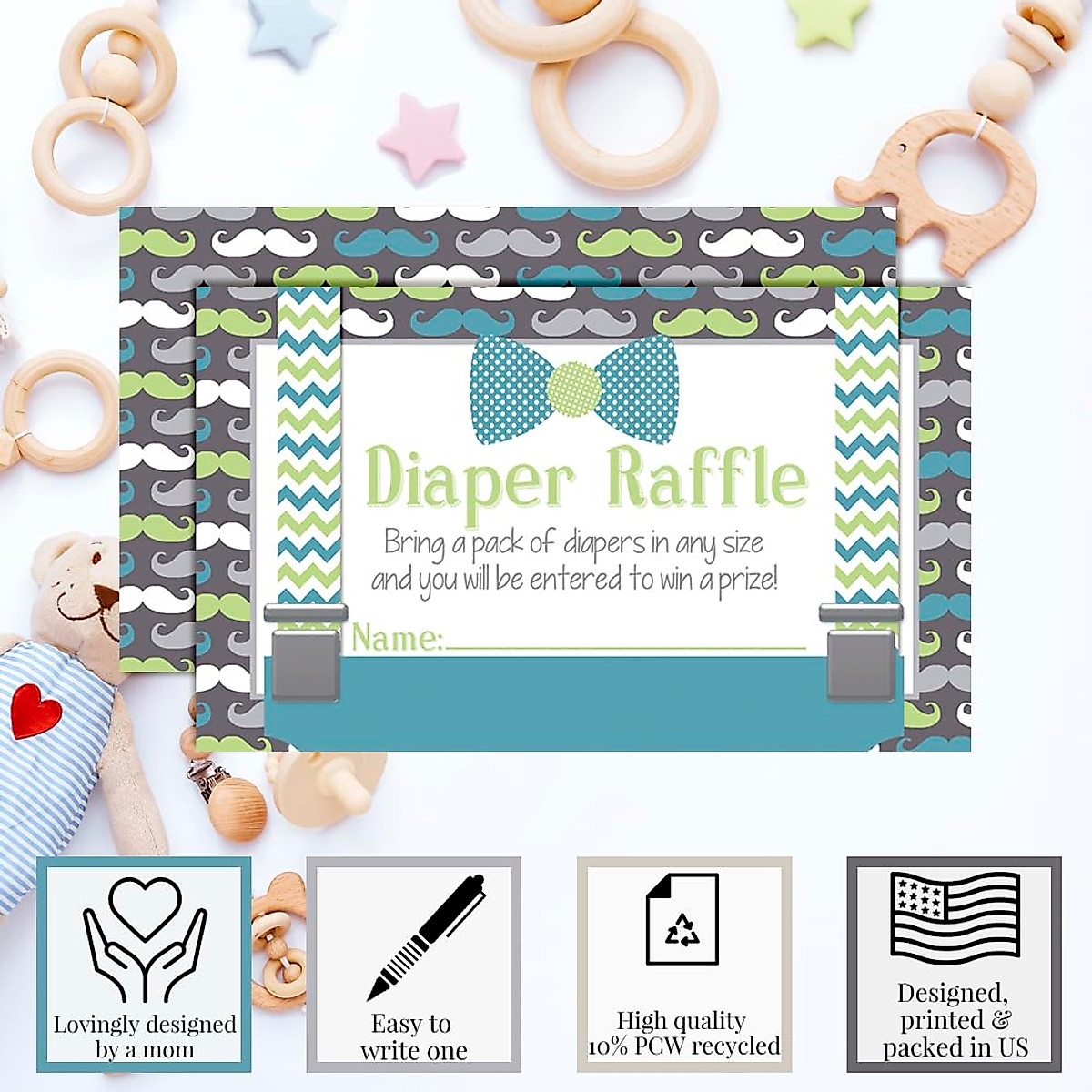 Amanda Creation Little Man Bow Tie, Mustache, & Suspenders Themed Diaper Raffle Tickets for Boy Baby Showers, 20 2" X 3” Double Sided Inserts, Bring a Pack of Diapers to Win Favors &