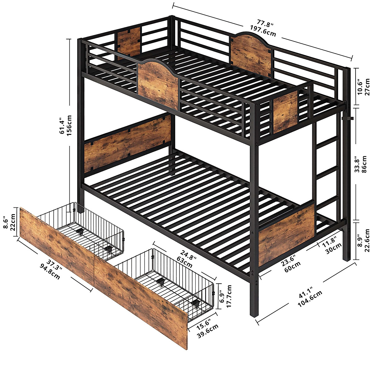 LIKIMIO Bunk Bed Twin Over Twin with Ladder and MDF Board Guardrail, Twin Bunk Beds with 2 Storage Drawers, Space-Saving, Noise Free, Black