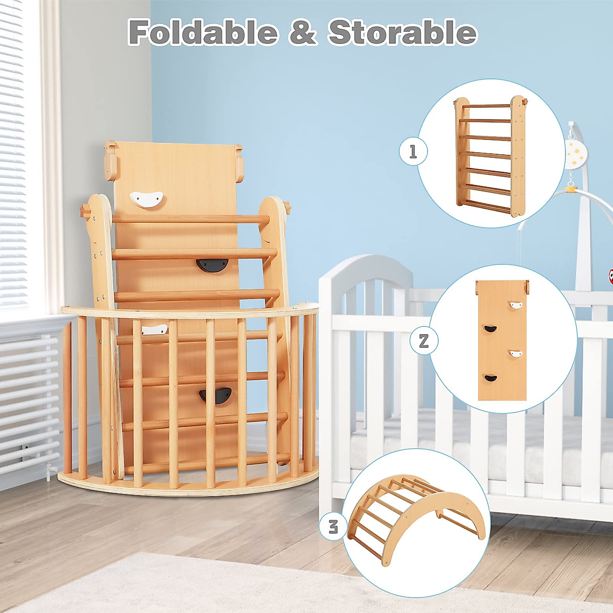 Beright 4 in 1 Pikler Triangle Gym, Montessori Foldable Climber with Ramp, Indoor Climbing Toys for Kids, Climbing Triangle for Toddlers Arch Climber, Rocker, Learning Waldorf Toy Structure, Natural