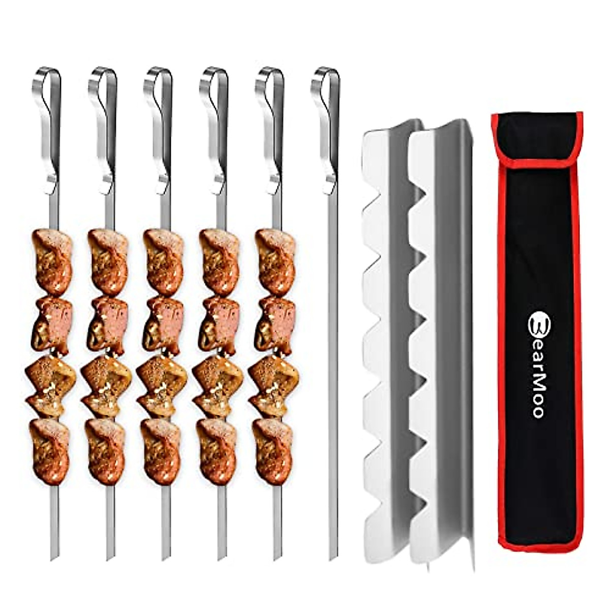 Barbecue Skewer, BearMoo 17” Stainless Steel Shish Kabob Skewers – 0.35” Width Flat BBQ Metal Skewers for Grilling  (Set of 6 Skewers + 2 Grill Racks + 1 Handy Storage)