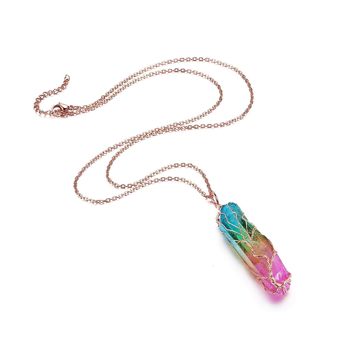 PESOENTH Life Tree Rainbow Quartz Crystal Gemstone Reiki Healing Rock Raw Stone Chakra Pendant Necklace Women Rose Gold Wire Wrap Gemstone Necklace Jewelry Gifts
