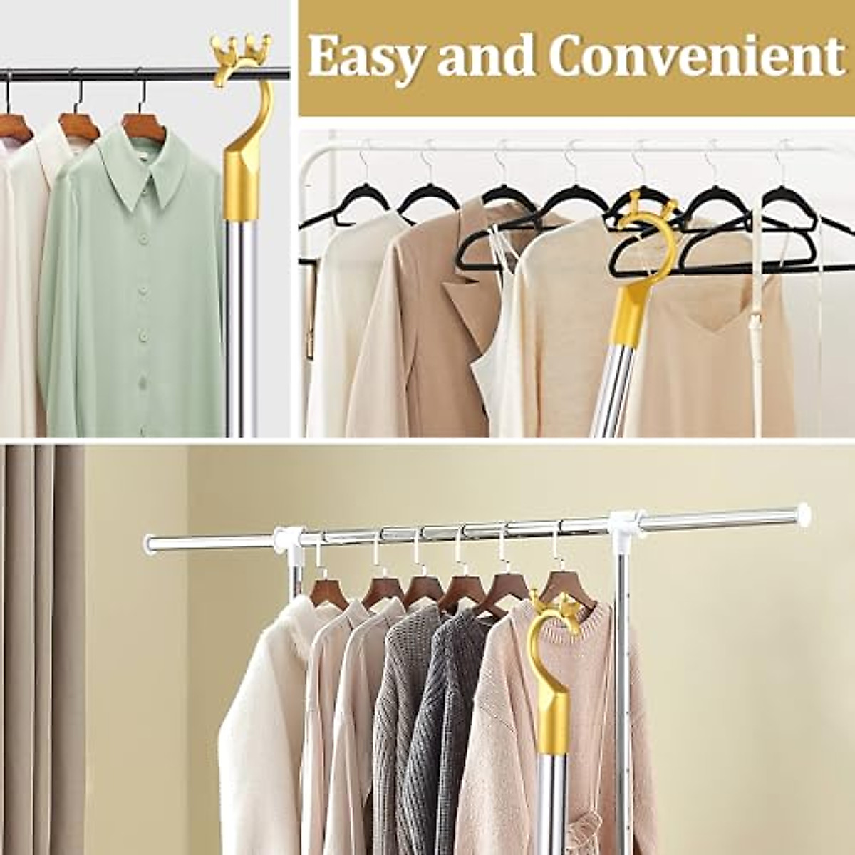 Clothes Hook Pole, Closet Hooks for Hanging Clothes,extends from 26 inches to 56 inches with hooks Long Rod, Closet Hook Rod Made of Stainless Steel,Comfortable Foam Handles and C-Head Designs